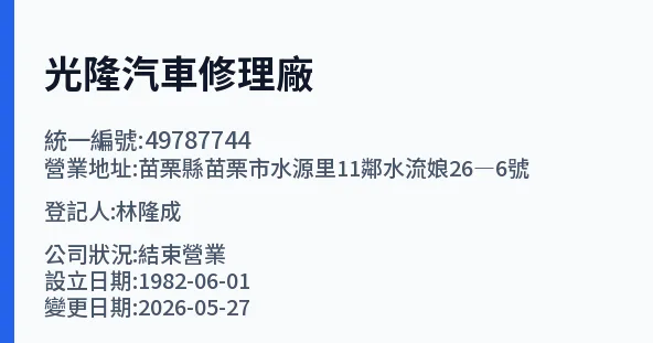 光隆汽車修理廠的照片-統編 49787744(苗栗縣) 公司登記資料與營業項目詳細圖表