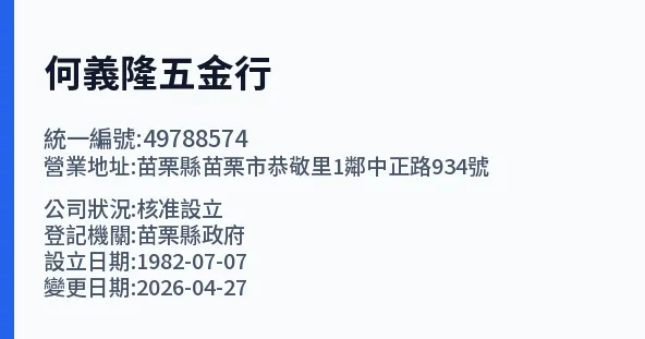 何義隆五金行的照片-統編 49788574(苗栗縣) 公司登記資料與營業項目詳細圖表