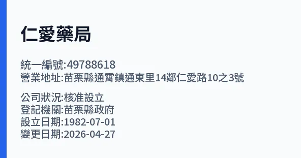仁愛藥局的照片-統編 49788618(苗栗縣) 公司登記資料與營業項目詳細圖表
