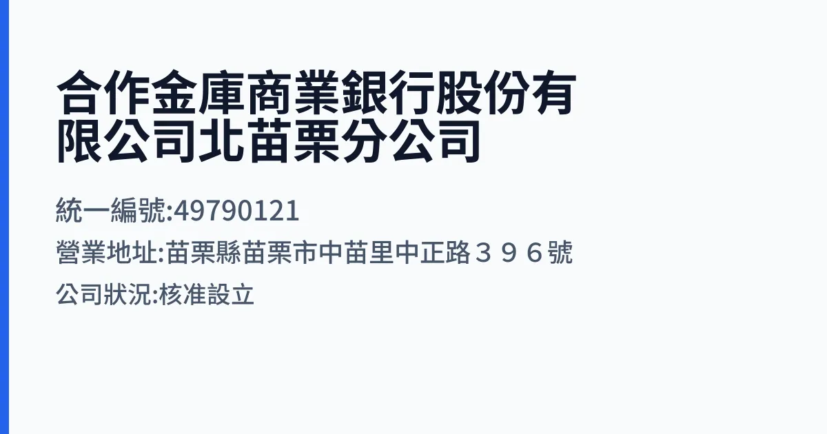 合作金庫商業銀行股份有限公司北苗栗分公司 - 統編 49790121(苗栗縣) 公司登記資料與營業項目詳細圖表