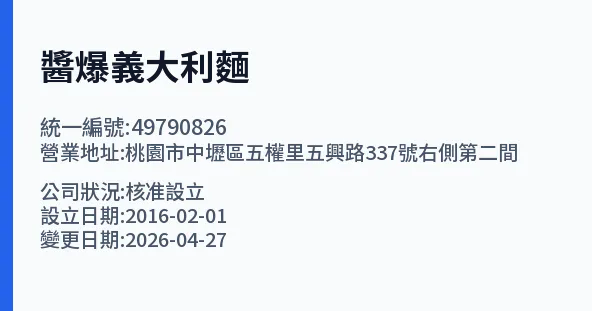 醬爆義大利麵的照片-統編 49790826(桃園市) 公司登記資料與營業項目詳細圖表
