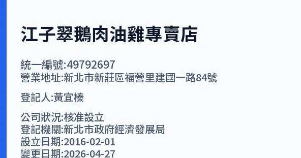 江子翠鵝肉油雞專賣店的照片-統編 49792697(新北市) 公司登記資料與營業項目詳細圖表