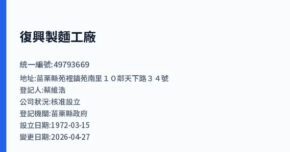 復興製麵工廠的照片-統編 49793669(苗栗縣) 公司登記資料與營業項目詳細圖表