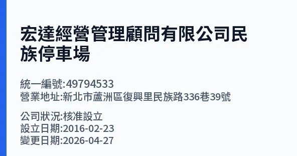 宏達經營管理顧問有限公司民族停車場的照片-統編 49794533(新北市) 公司登記資料與營業項目詳細圖表
