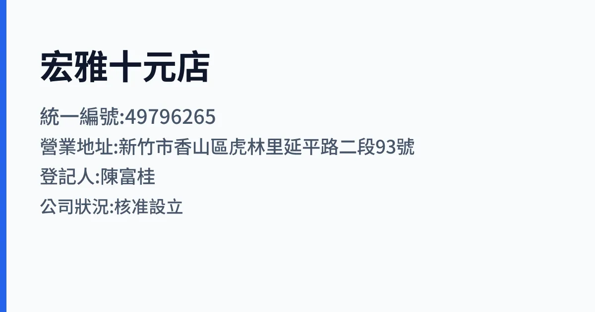 宏雅十元店 - 統編 49796265(新竹市) 公司登記資料與營業項目詳細圖表