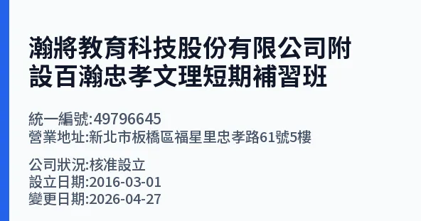 瀚將教育科技股份有限公司附設百瀚忠孝文理短期補習班的照片-統編 49796645(新北市) 公司登記資料與營業項目詳細圖表