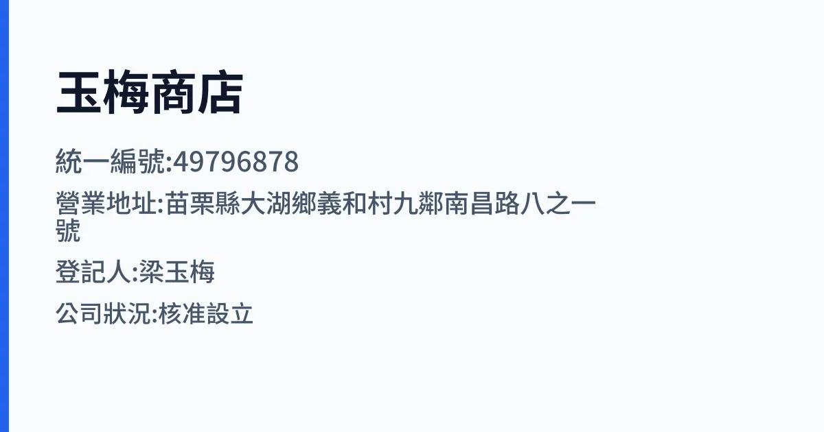 玉梅商店 - 統編 49796878(苗栗縣) 公司登記資料與營業項目詳細圖表