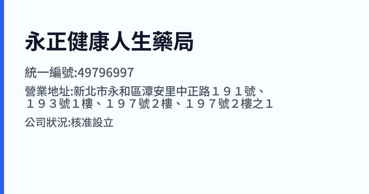 永正健康人生藥局 - 統編 49796997(新北市) 公司登記資料與營業項目詳細圖表