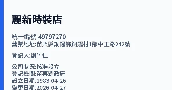 麗新時裝店的照片-統編 49797270(苗栗縣) 公司登記資料與營業項目詳細圖表