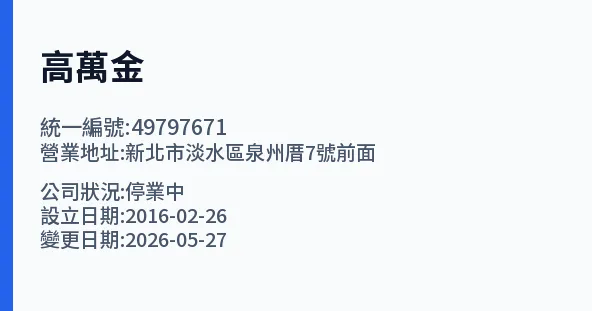 高萬金的照片-統編 49797671(新北市) 公司登記資料與營業項目詳細圖表