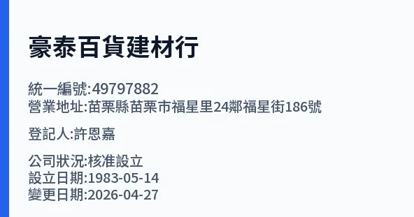 豪泰百貨建材行的照片-統編 49797882(苗栗縣) 公司登記資料與營業項目詳細圖表