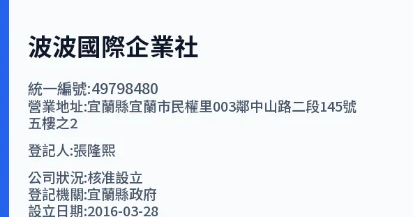 波波國際企業社的照片-統編 49798480(宜蘭縣) 公司登記資料與營業項目詳細圖表