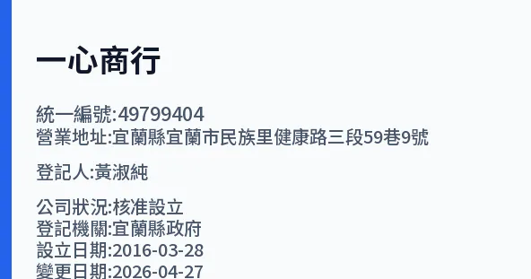 一心商行的照片-統編 49799404(宜蘭縣) 公司登記資料與營業項目詳細圖表