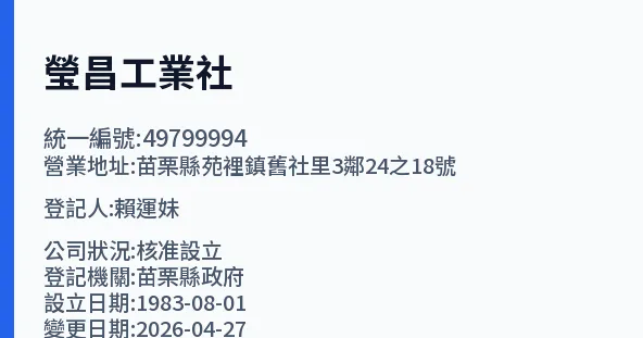瑩昌工業社的照片-統編 49799994(苗栗縣) 公司登記資料與營業項目詳細圖表
