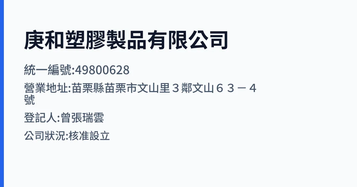 庚和塑膠製品有限公司 - 統編 49800628(苗栗縣) 公司登記資料與營業項目詳細圖表