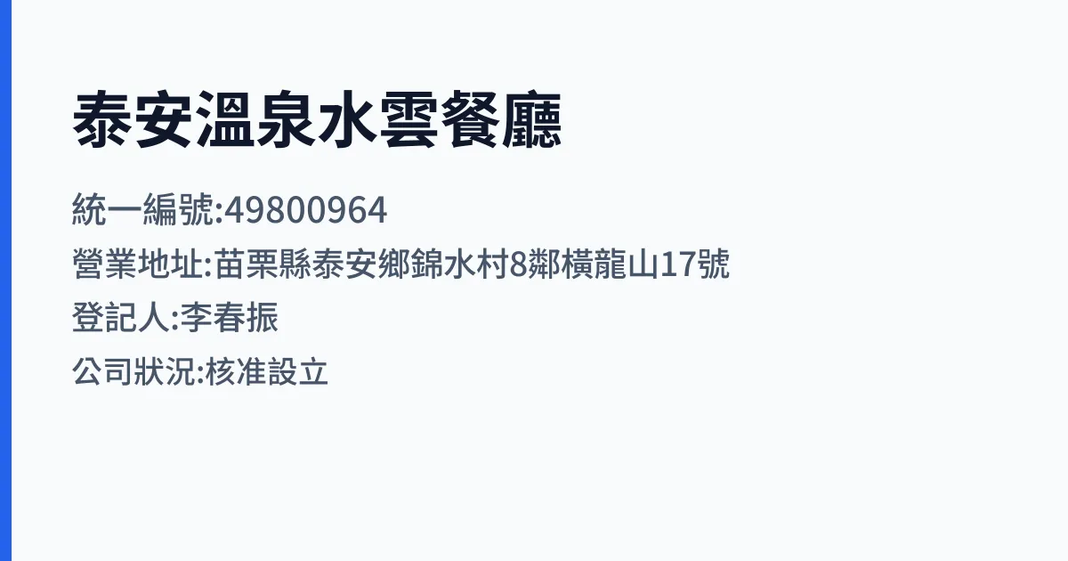 泰安溫泉水雲餐廳 - 統編 49800964(苗栗縣) 公司登記資料與營業項目詳細圖表