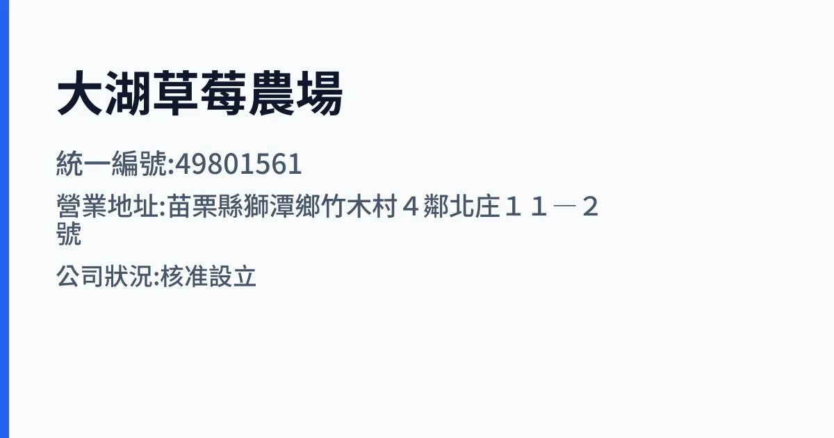 大湖草莓農場 - 統編 49801561(苗栗縣) 公司登記資料與營業項目詳細圖表