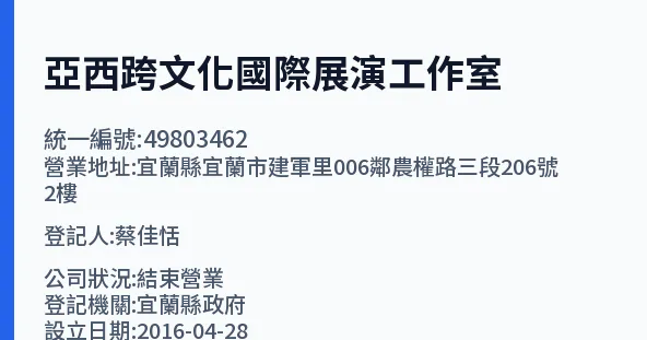 亞西跨文化國際展演工作室的照片-統編 49803462(宜蘭縣) 公司登記資料與營業項目詳細圖表