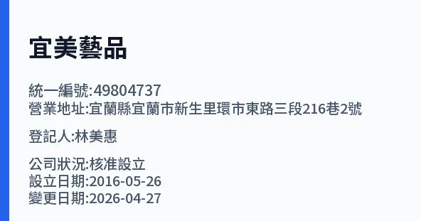 宜美藝品的照片-統編 49804737(宜蘭縣) 公司登記資料與營業項目詳細圖表
