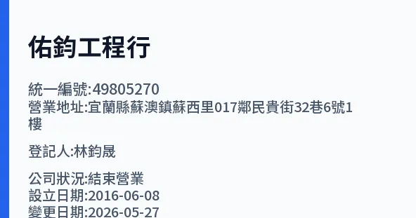 佑鈞工程行的照片-統編 49805270(宜蘭縣) 公司登記資料與營業項目詳細圖表