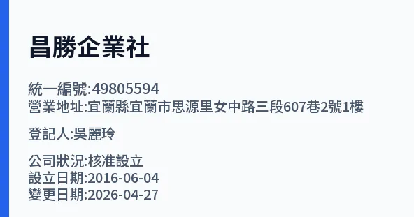 昌勝企業社的照片-統編 49805594(宜蘭縣) 公司登記資料與營業項目詳細圖表
