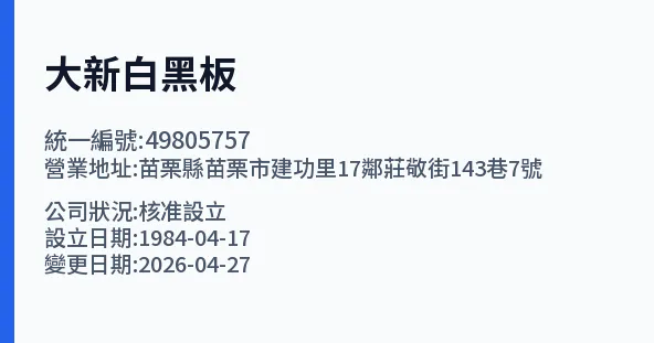大新白黑板的照片-統編 49805757(苗栗縣) 公司登記資料與營業項目詳細圖表