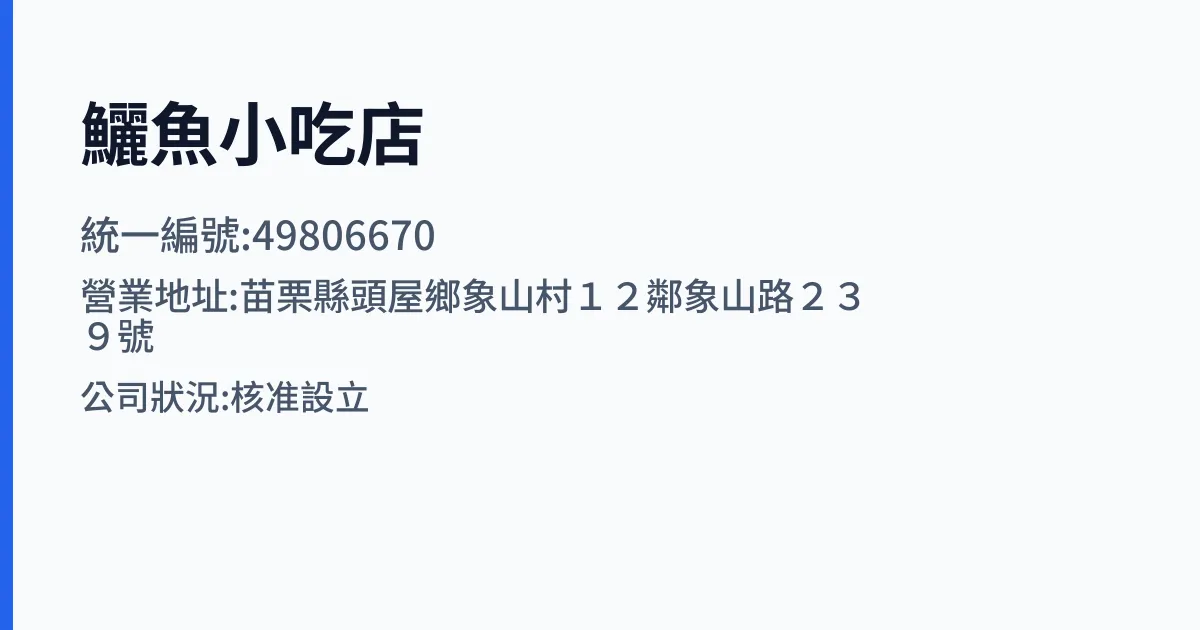 鱺魚小吃店 - 統編 49806670(苗栗縣) 公司登記資料與營業項目詳細圖表