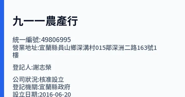 九一一農產行的照片-統編 49806995(宜蘭縣) 公司登記資料與營業項目詳細圖表