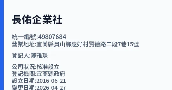 長佑企業社的照片-統編 49807684(宜蘭縣) 公司登記資料與營業項目詳細圖表