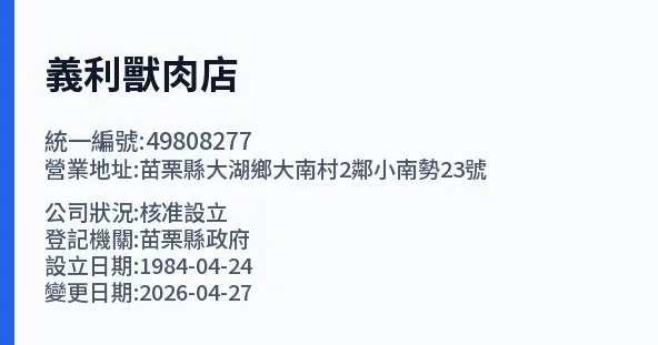 義利獸肉店的照片-統編 49808277(苗栗縣) 公司登記資料與營業項目詳細圖表