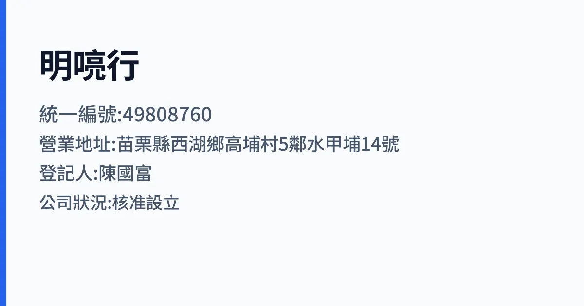 明喨行 - 統編 49808760(苗栗縣) 公司登記資料與營業項目詳細圖表