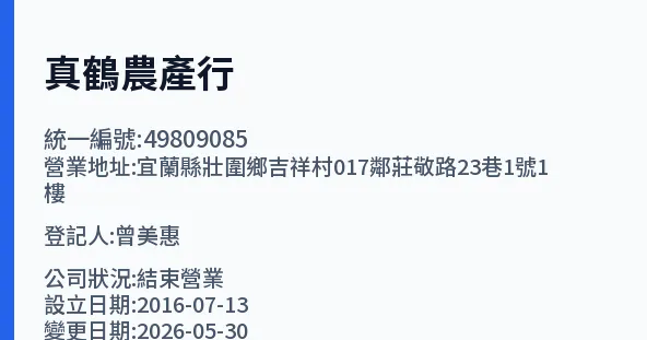 真鶴農產行的照片-統編 49809085(宜蘭縣) 公司登記資料與營業項目詳細圖表