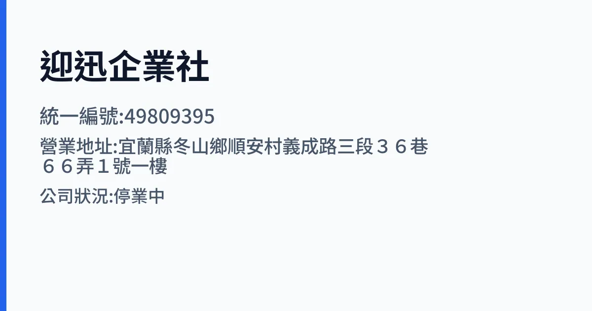 迎迅企業社 - 統編 49809395(宜蘭縣) 公司登記資料與營業項目詳細圖表