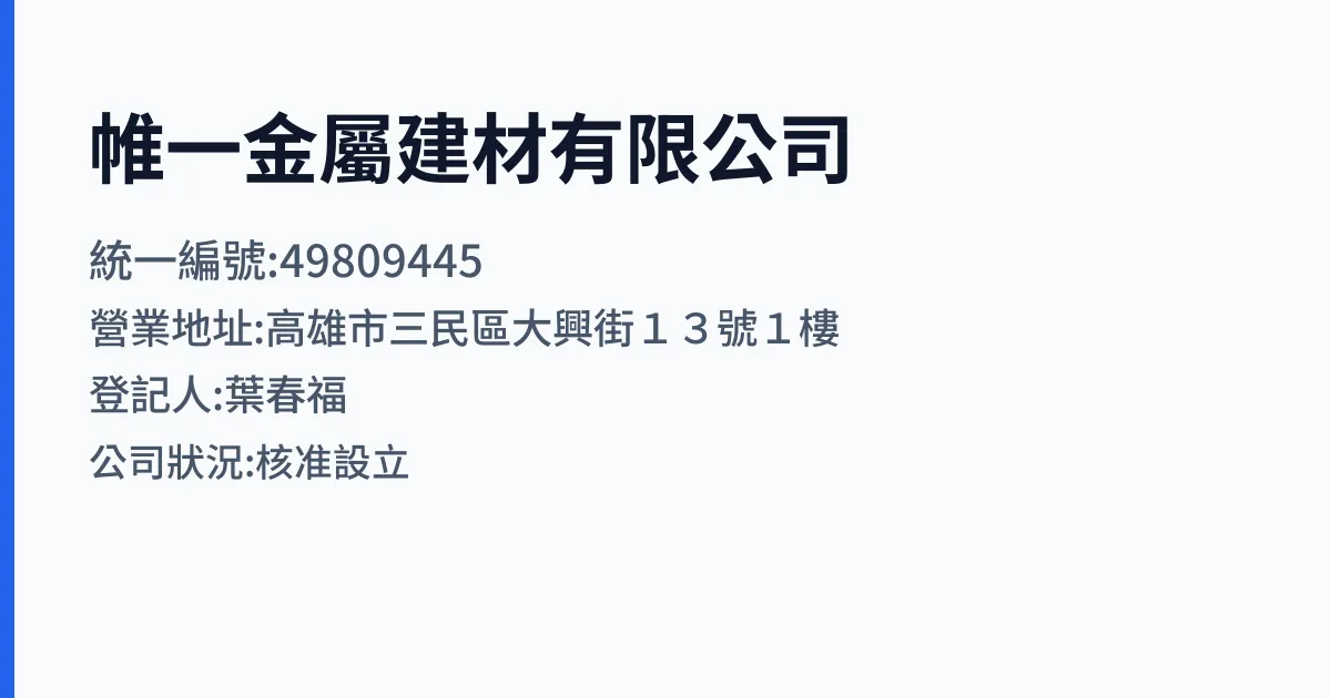 帷一金屬建材有限公司 - 統編 49809445(高雄市) 公司登記資料與營業項目詳細圖表