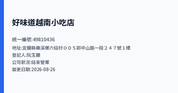 好味道越南小吃店的照片-統編 49810436(宜蘭縣) 公司登記資料與營業項目詳細圖表