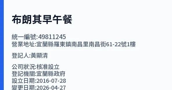 布朗其早午餐的照片-統編 49811245(宜蘭縣) 公司登記資料與營業項目詳細圖表
