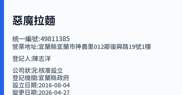 惡魔拉麵的照片-統編 49811385(宜蘭縣) 公司登記資料與營業項目詳細圖表