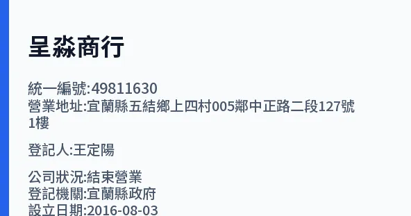 呈淼商行的照片-統編 49811630(宜蘭縣) 公司登記資料與營業項目詳細圖表