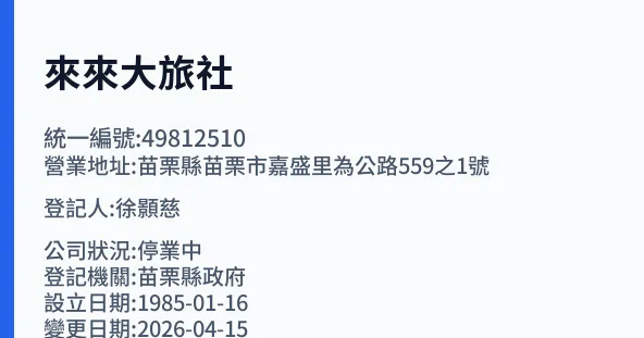 來來大旅社的照片-統編 49812510(苗栗縣) 公司登記資料與營業項目詳細圖表