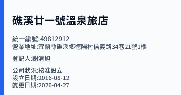 礁溪廿一號溫泉旅店的照片-統編 49812912(宜蘭縣) 公司登記資料與營業項目詳細圖表