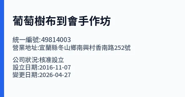 葡萄樹布到會手作坊的照片-統編 49814003(宜蘭縣) 公司登記資料與營業項目詳細圖表