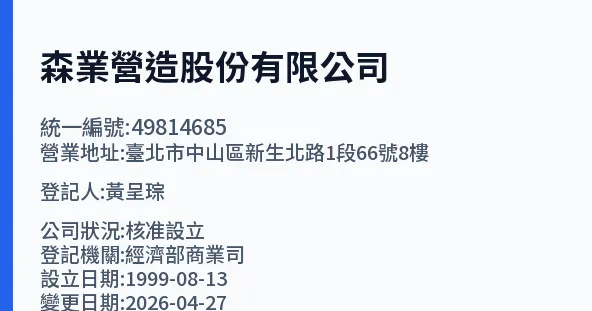 森業營造股份有限公司的照片-統編 49814685(臺北市) 公司登記資料與營業項目詳細圖表