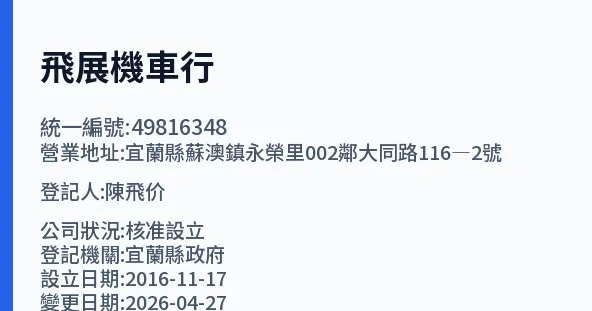 飛展機車行的照片-統編 49816348(宜蘭縣) 公司登記資料與營業項目詳細圖表