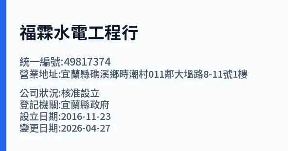 福霖水電工程行的照片-統編 49817374(宜蘭縣) 公司登記資料與營業項目詳細圖表