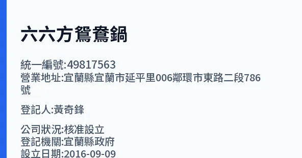 六六方鴛鴦鍋的照片-統編 49817563(宜蘭縣) 公司登記資料與營業項目詳細圖表
