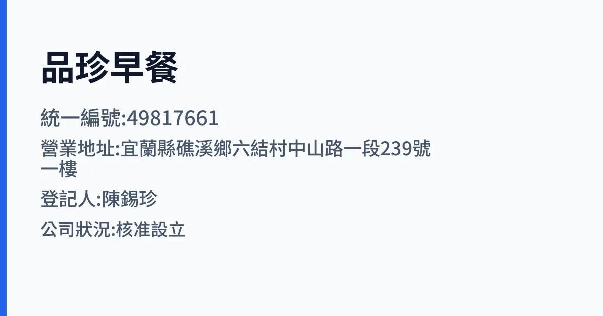 品珍早餐 - 統編 49817661(宜蘭縣) 公司登記資料與營業項目詳細圖表