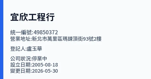 宜欣工程行的照片-統編 49850372(新北市) 公司登記資料與營業項目詳細圖表
