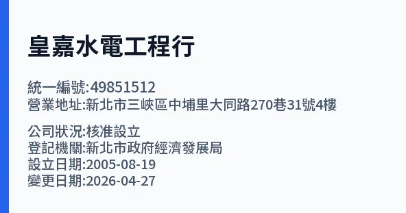 皇嘉水電工程行的照片-統編 49851512(新北市) 公司登記資料與營業項目詳細圖表