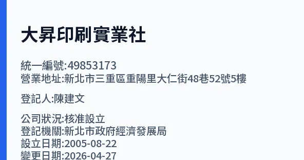 大昇印刷實業社的照片-統編 49853173(新北市) 公司登記資料與營業項目詳細圖表