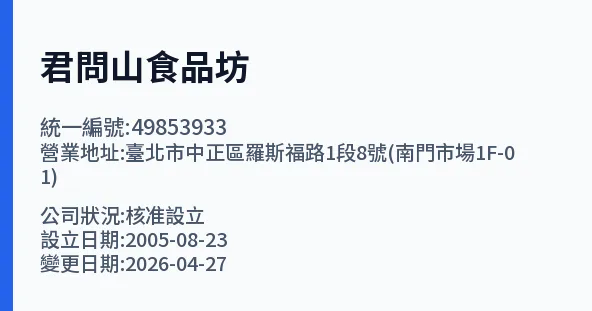 君問山食品坊的照片-統編 49853933(臺北市) 公司登記資料與營業項目詳細圖表
